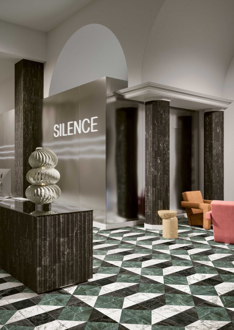 Tessellate Porcelain Tile | White, Black & Green Marble Look